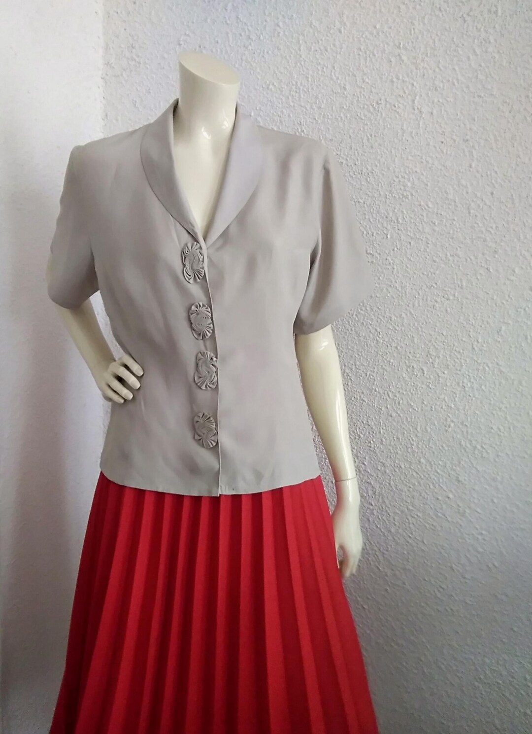 80s Neutral Color Blouse Gray Blouse Shawl Collar 38 Size Viscose ...