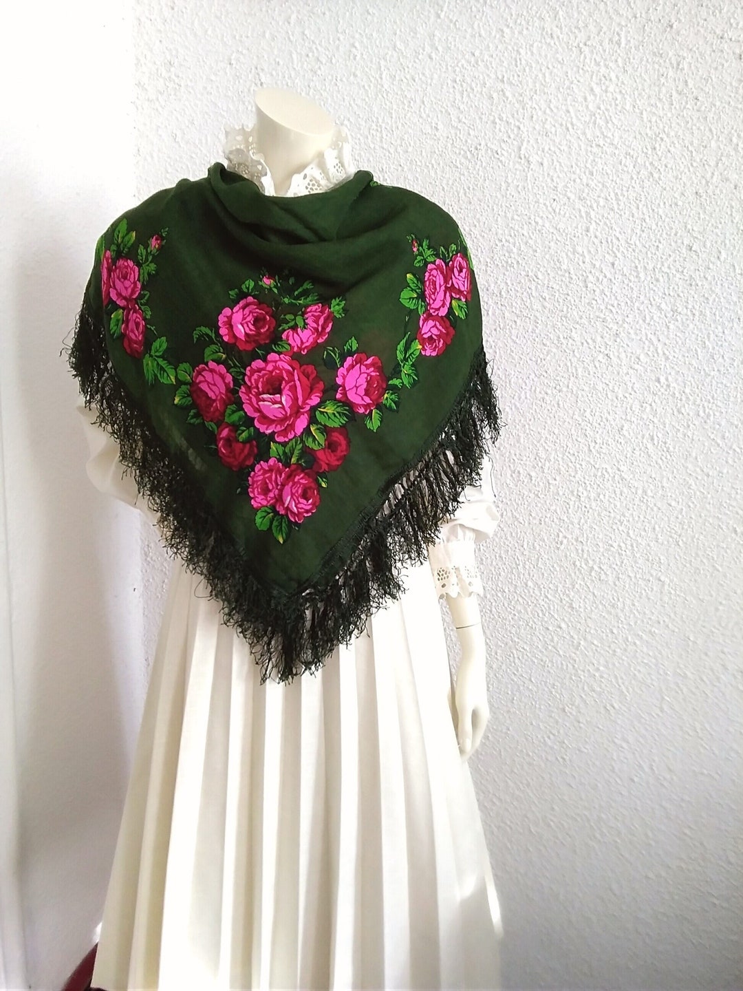 80s Folk Alpine Shawl Pure Wool Neon Pink Shawl Green Floral - Etsy
