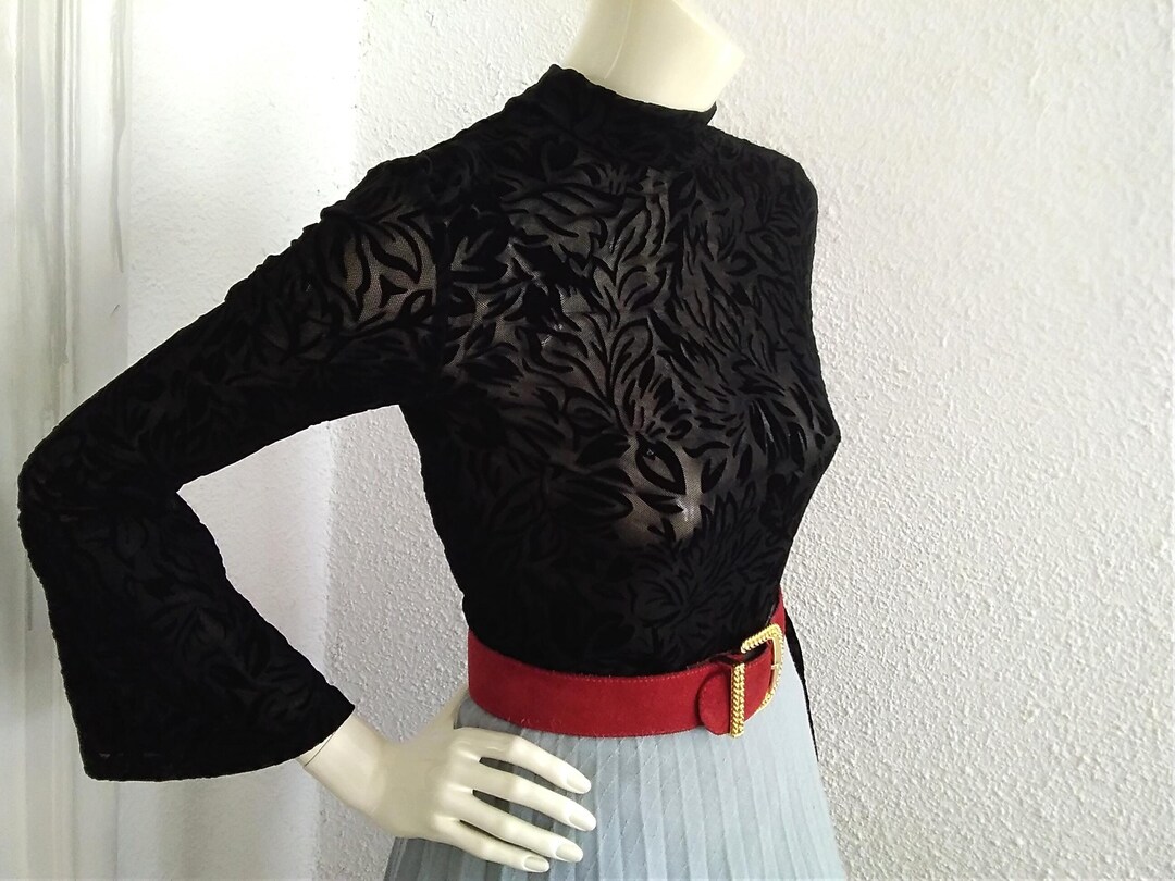90s Flared Sleeve Blouse Sheer-ish Black Top Stretchy Gothic Blouse ...