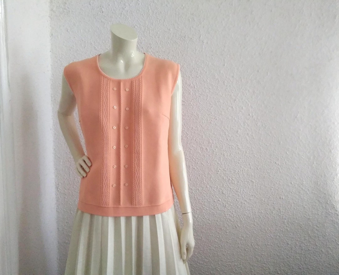 60s Mod Blouse TREVIRA Neon Pastel Orange 48 Size Minimalist Jersey Top ...