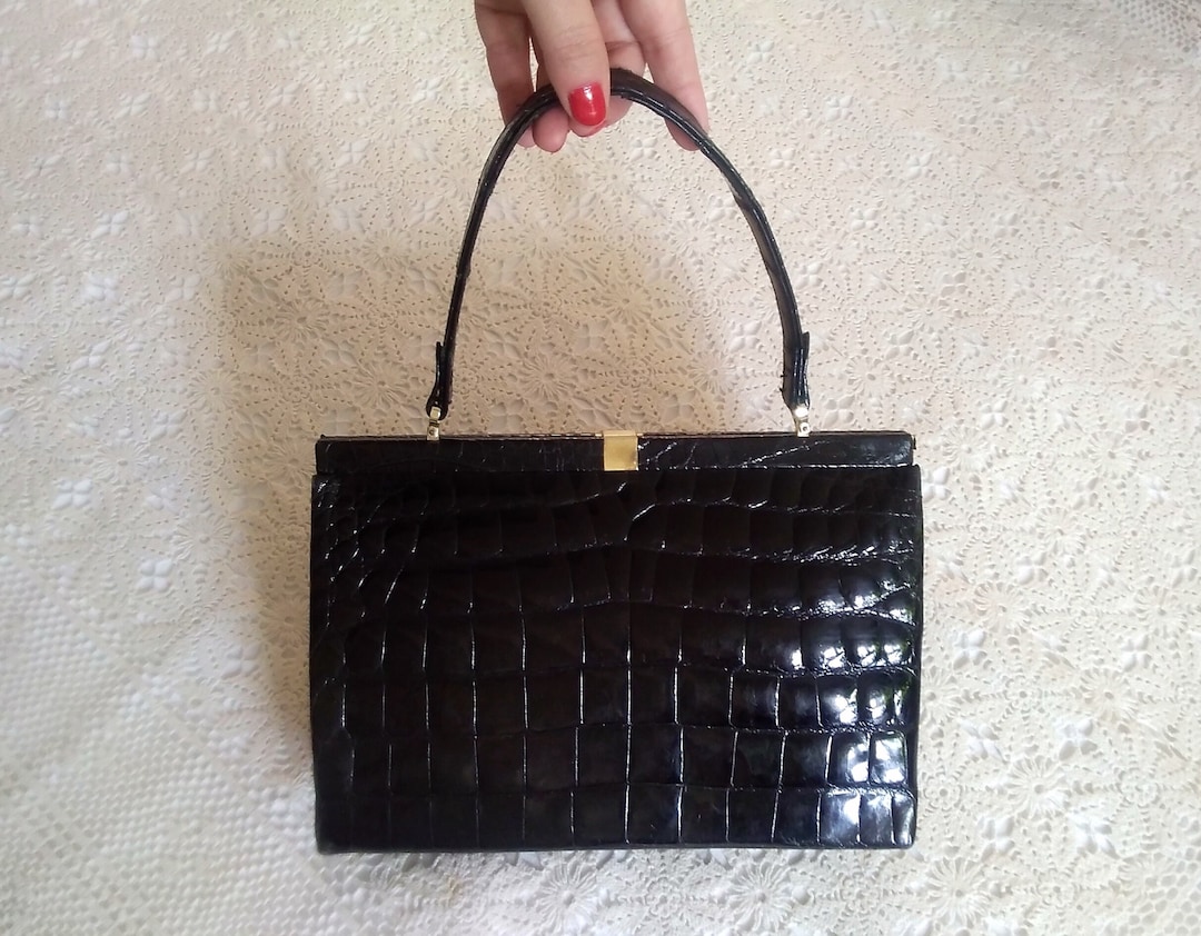 50s-60s Embossed Croco Handbag Real Leather Black Handbag - Etsy