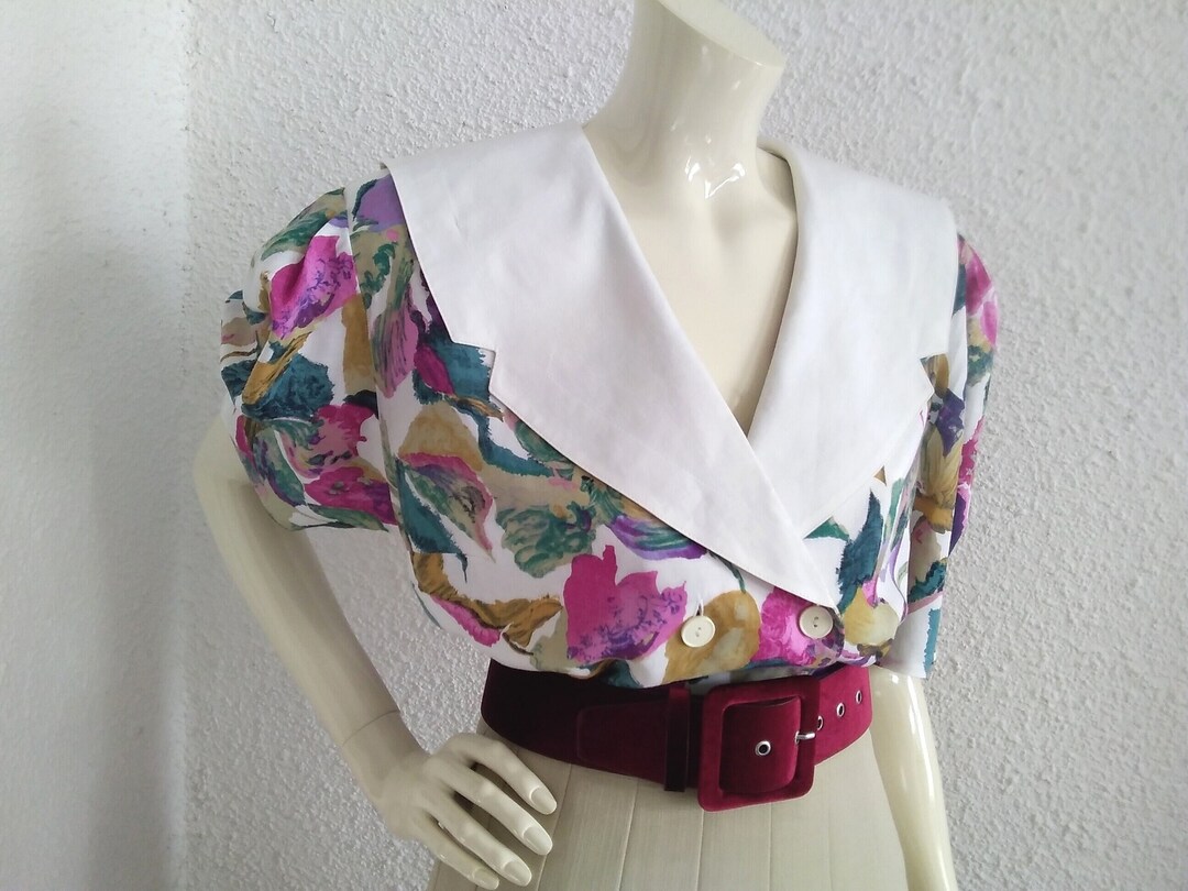 80s Big White Collar Blouse Statement Blouse Viscose Summer Blouse ...