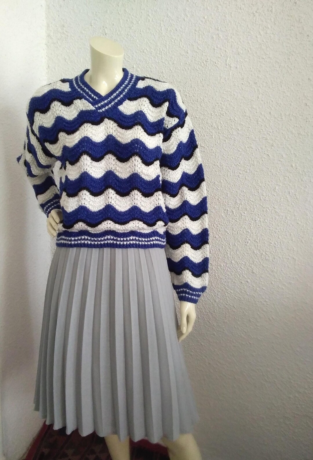 70s Handknit Sweater Lurex Shiny Jumper Lace Knitted Sweater Blue White ...