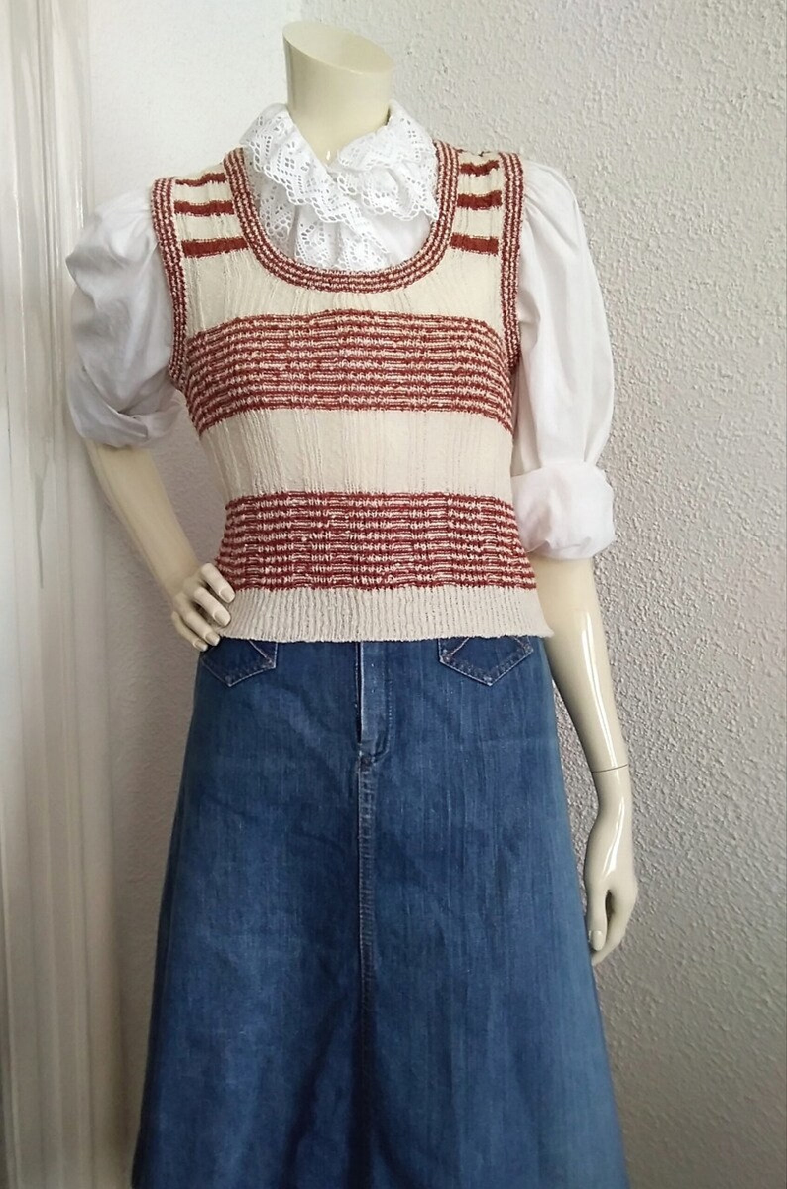 70s Retro Vest Striped Spring Vest Preppy College Vest Blocle Ribbed ...