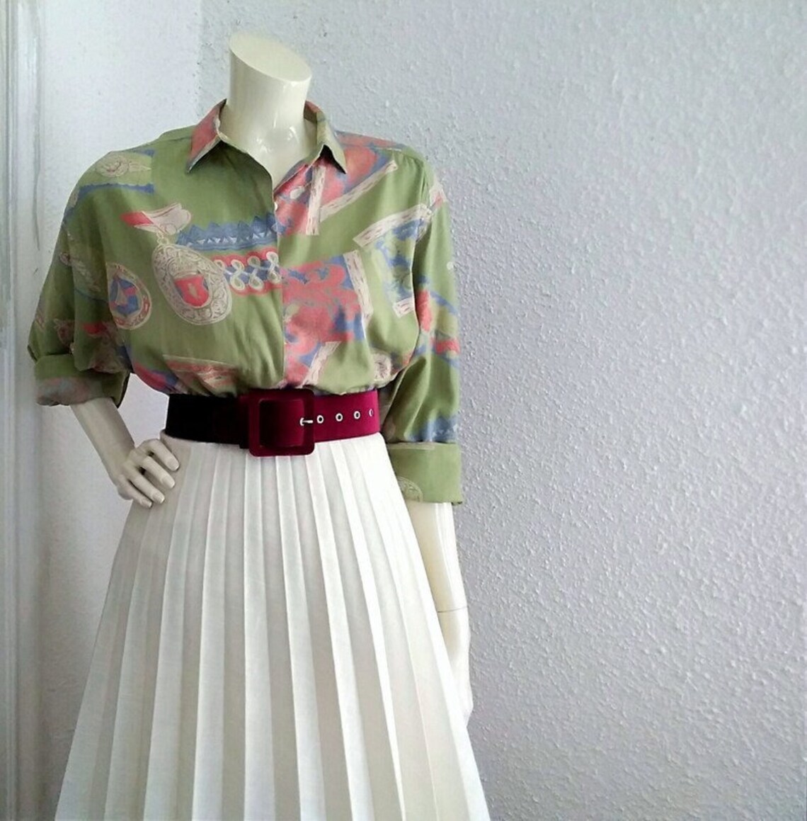 80s Pop-art Blouse Dusted Green Blouse EDITH KUMAR Viscose Blouse Crazy ...