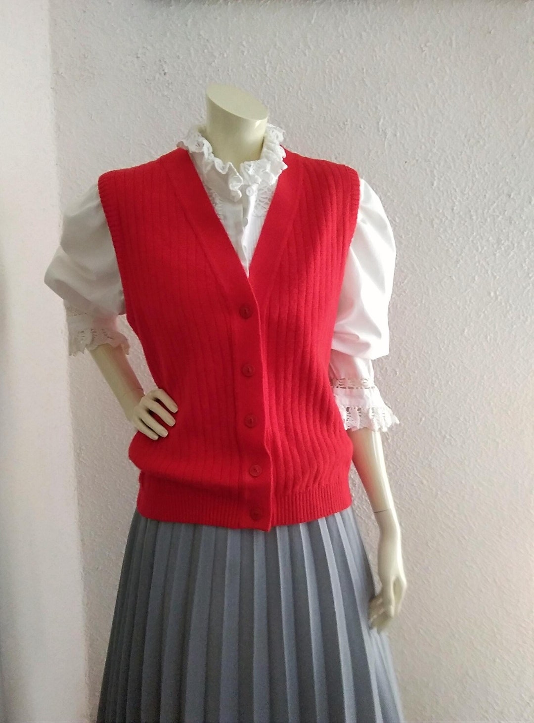70s Carmine Red Vest Retro Spring Vest Ribbed Minimalist Vest V-neck ...