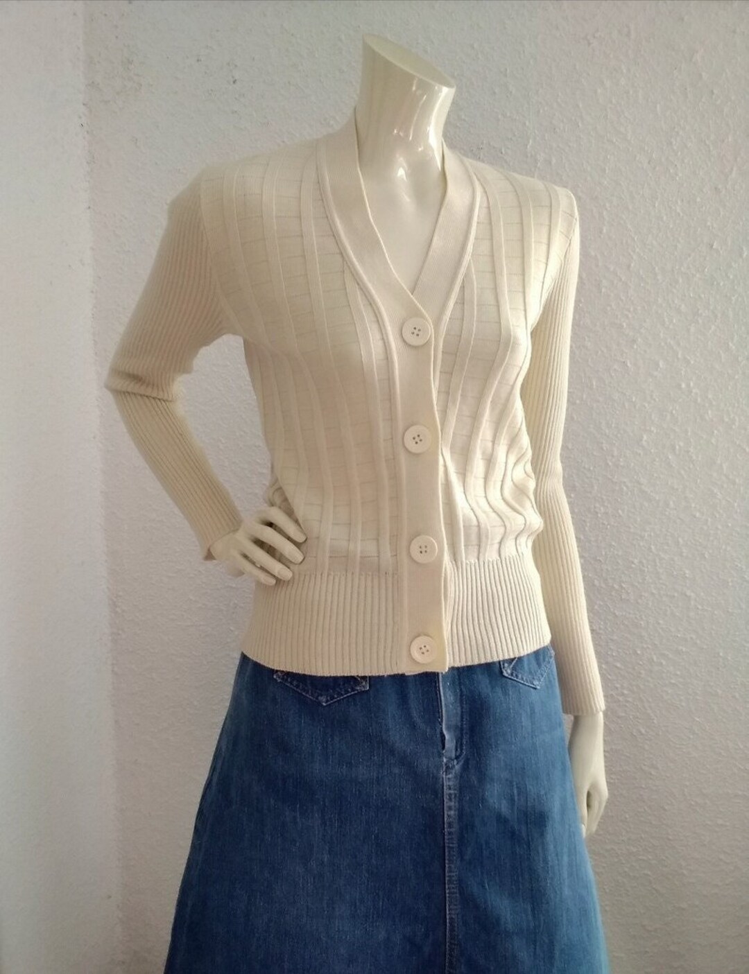 70s Retro Cardigan Minimalist Ribbed Sweater Spring Cardigan Beige ...