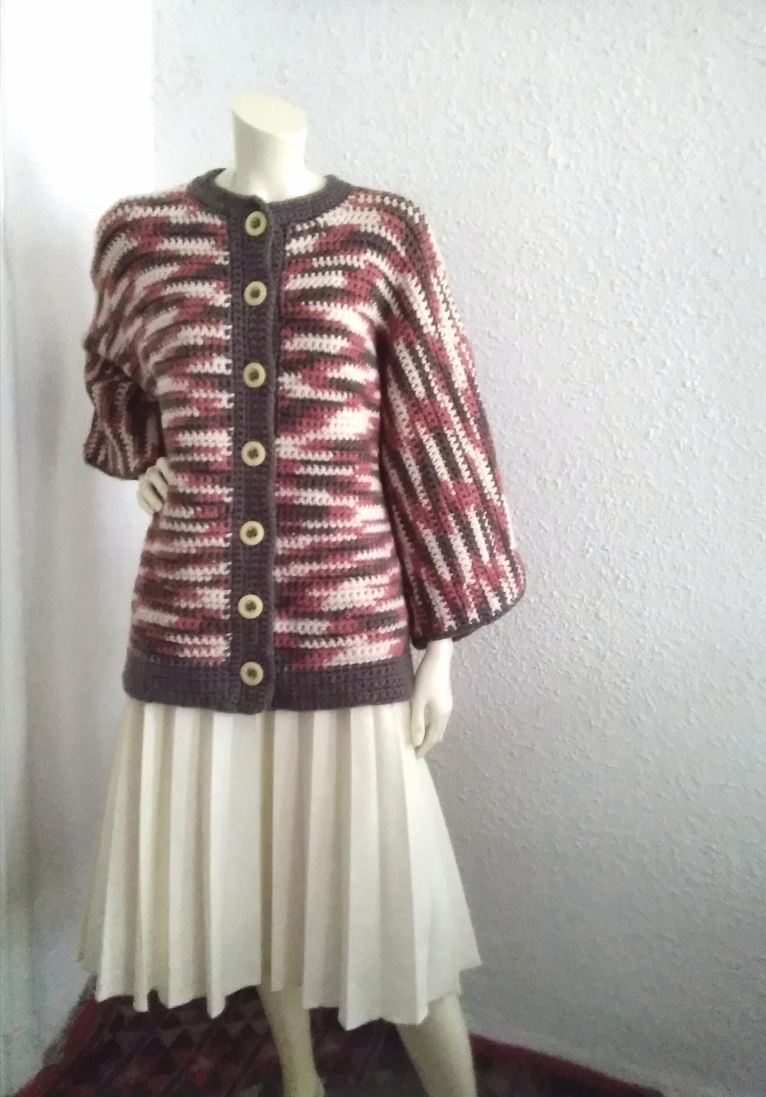 70s Bell Sleeve Cardigan Chunky Winter Cardigan Crochet Cardigan ...