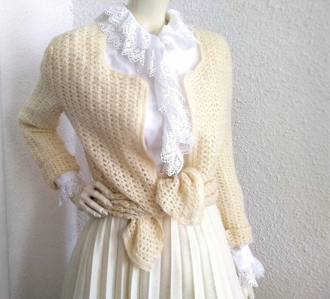 70s Crochet Cardigan Mesh Top Feminine Sweater Delicate Knitted ...
