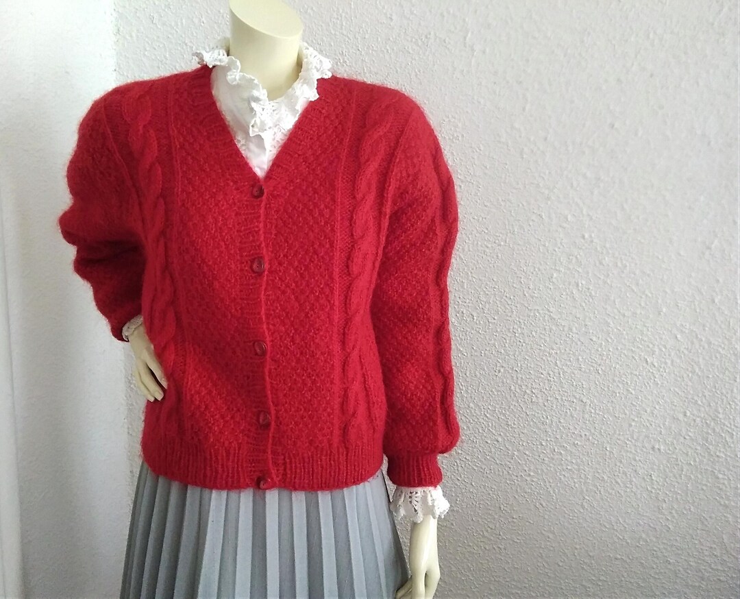80s Pop-art Bright Red Cardigan Fluffy Mohair Cardigan V-neck Fuzzy ...