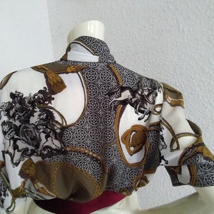 80s Baroque Print Blouse Horse Chains Blouse Puffy Sleeve Ribbon Collar Blouse Tie Neck Collar ...