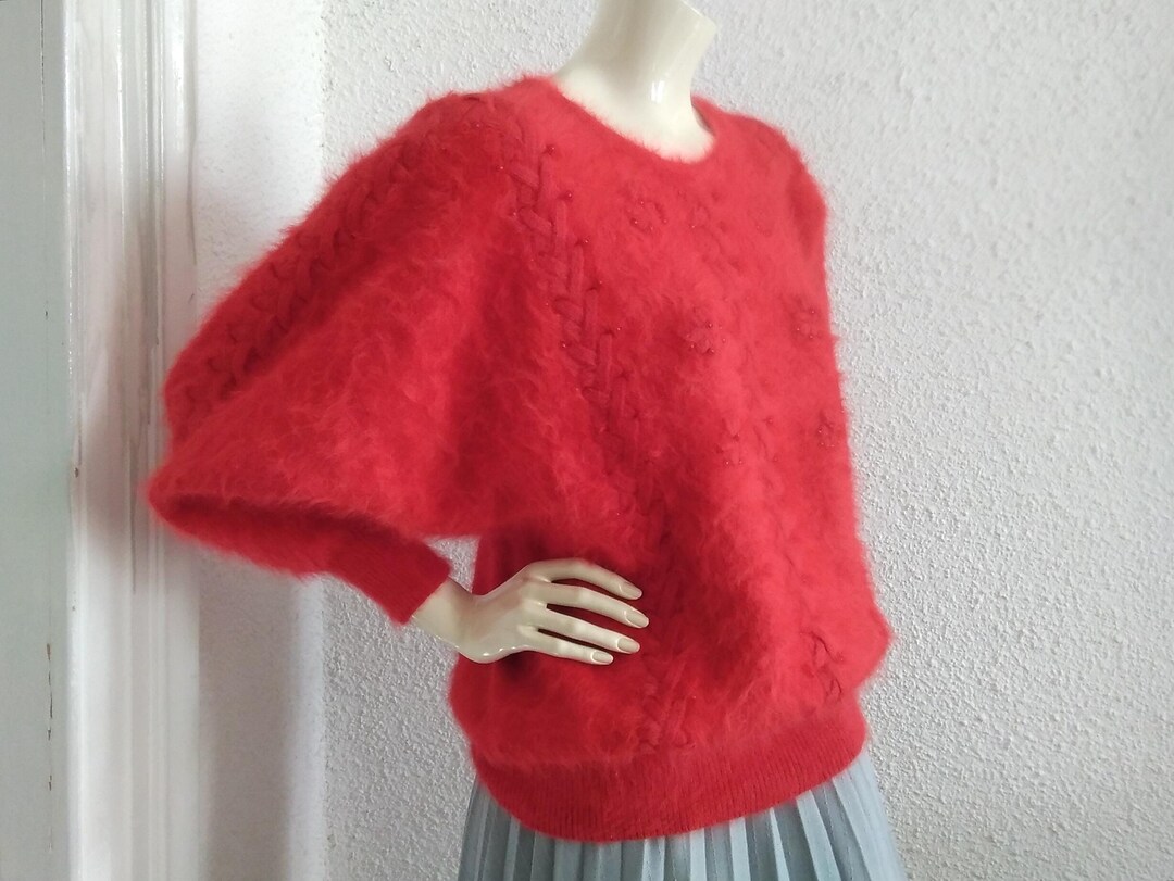 80s KEOMI Angora Sweater Pop-art Sweater Dolman Sleeve Fluffy Jumper Cable Knit Winter Pullover ...