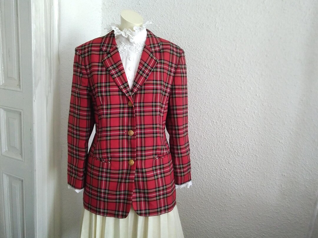 80s Checkered Red Blazer Tailored Spring Blazer Plaid Tartan Blazer Vivid Red Blazer Preppy ...
