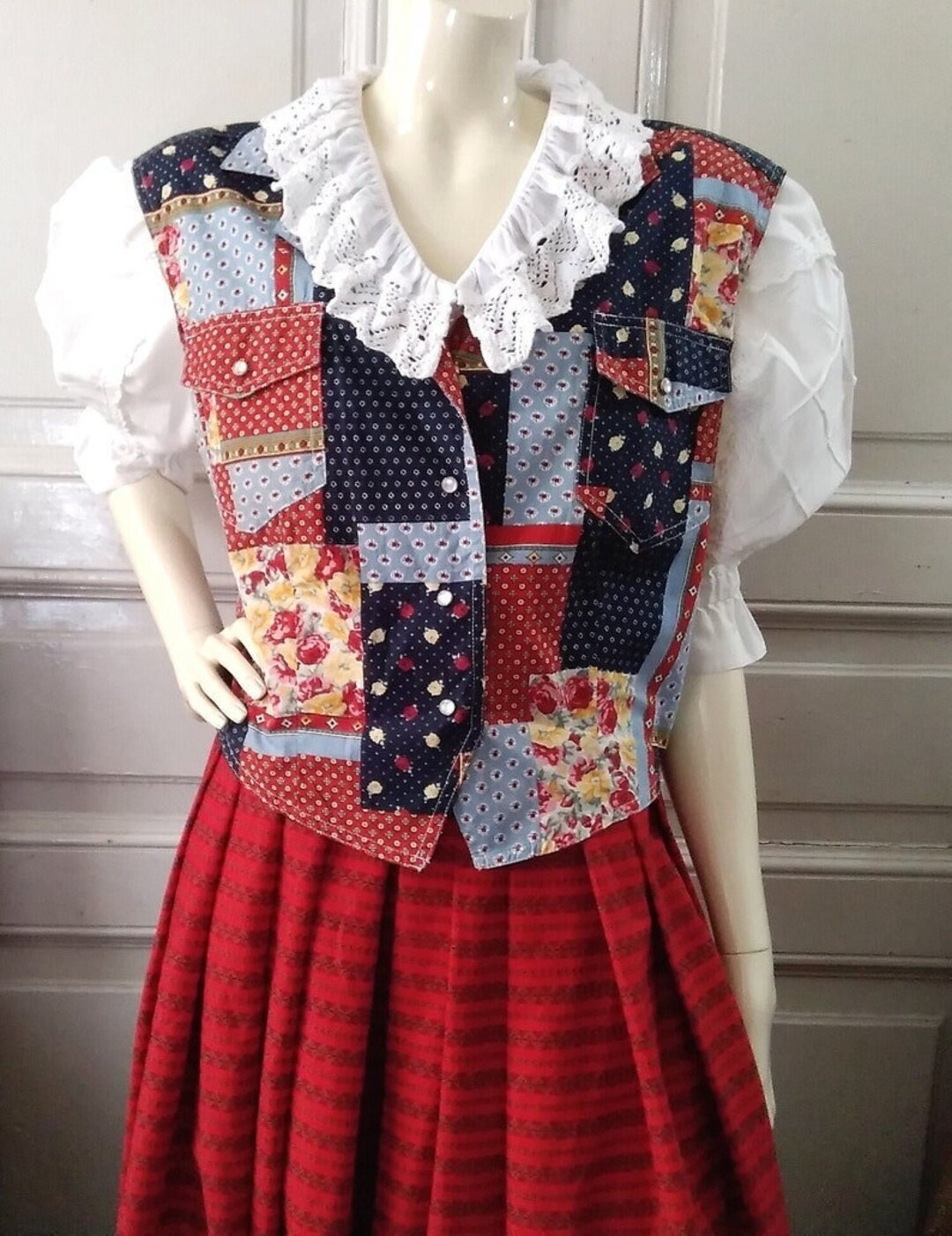 80s Patchwork Print Vest Colorful Pop-art Gilet V-neck Multi-colored ...