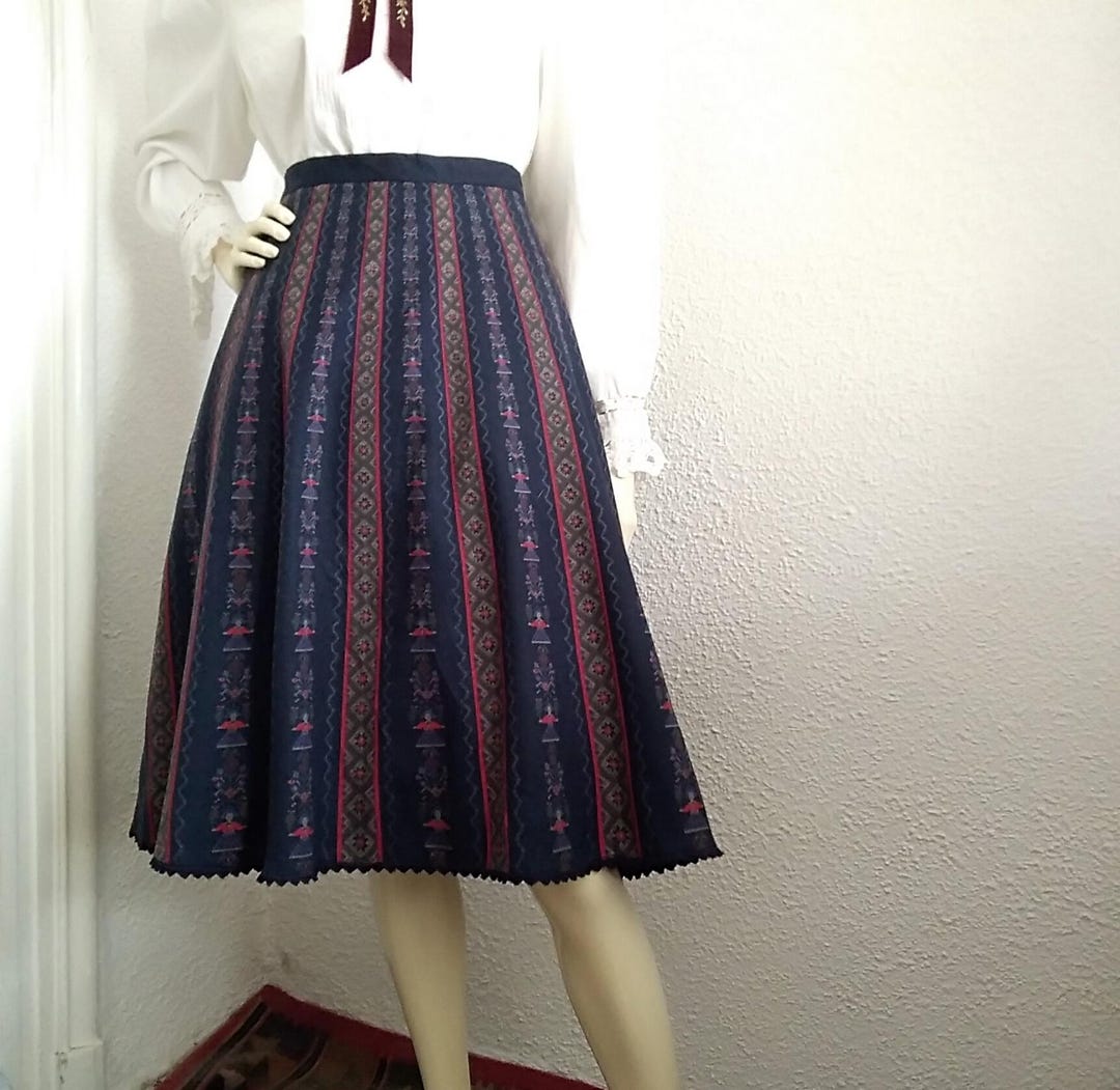 70s Folk Skirt 42 Size Striped Rustic Skirt Blue Austrian Tyrolean ...