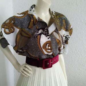 80s Baroque Print Blouse Horse Chains Blouse Puffy Sleeve Ribbon Collar Blouse Tie Neck Collar ...