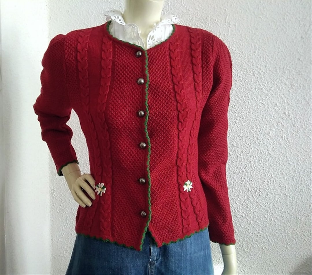 80s Folk Cardigan Dark Red Floral Embroidery Cardigan Trachten Bavarian ...
