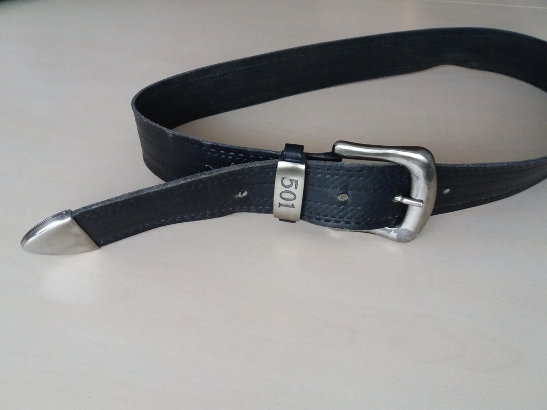 80s LEVIS 501 Belt Black Leather Belt Distressed Buckle Belt Vintage ...