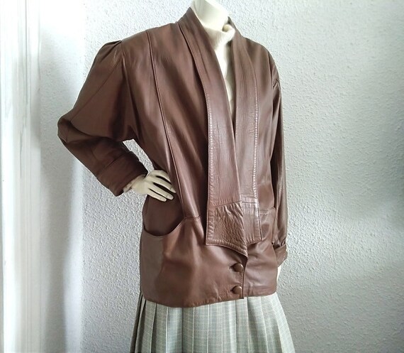 80s leather jacket relaxed fit boxy shape jacket autu… - Gem