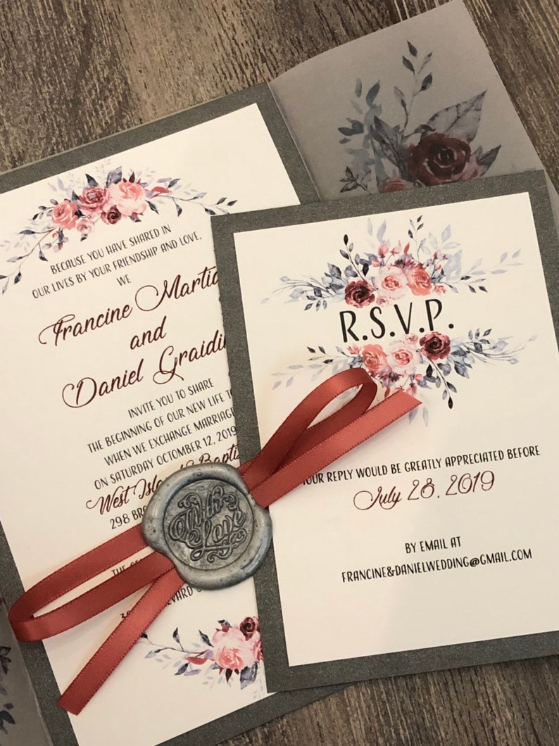 Floral Wedding Invitation Vellum Wrap Invitation With Ribbon - Etsy