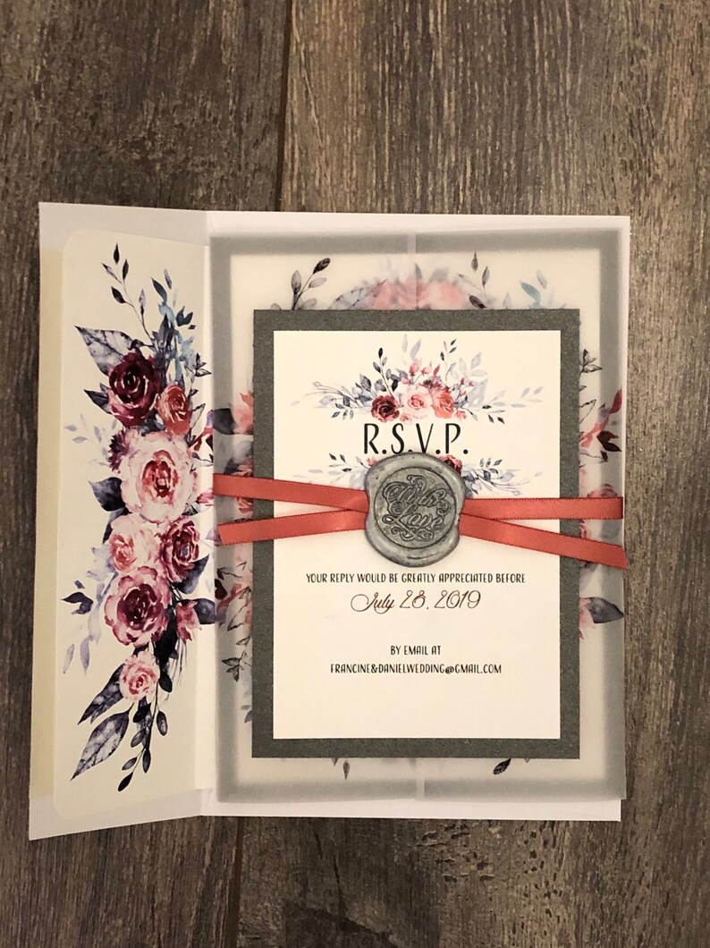 Floral Wedding Invitation Vellum Wrap Invitation With Ribbon - Etsy