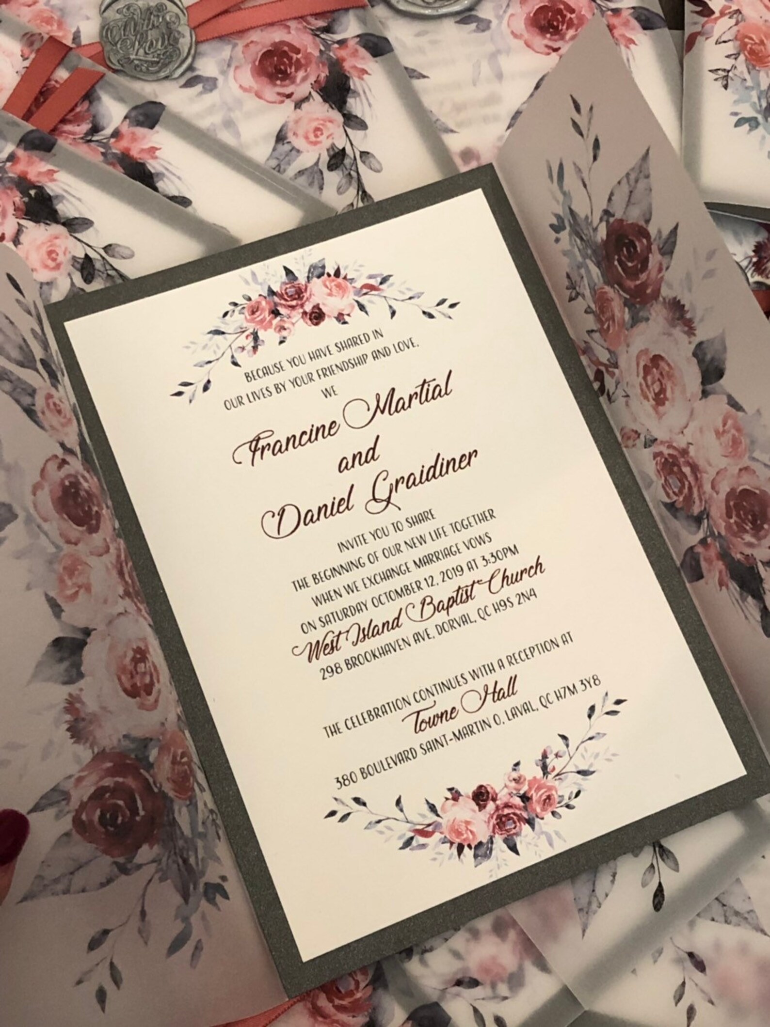 Floral Wedding Invitation Vellum Wrap Invitation With Ribbon | Etsy