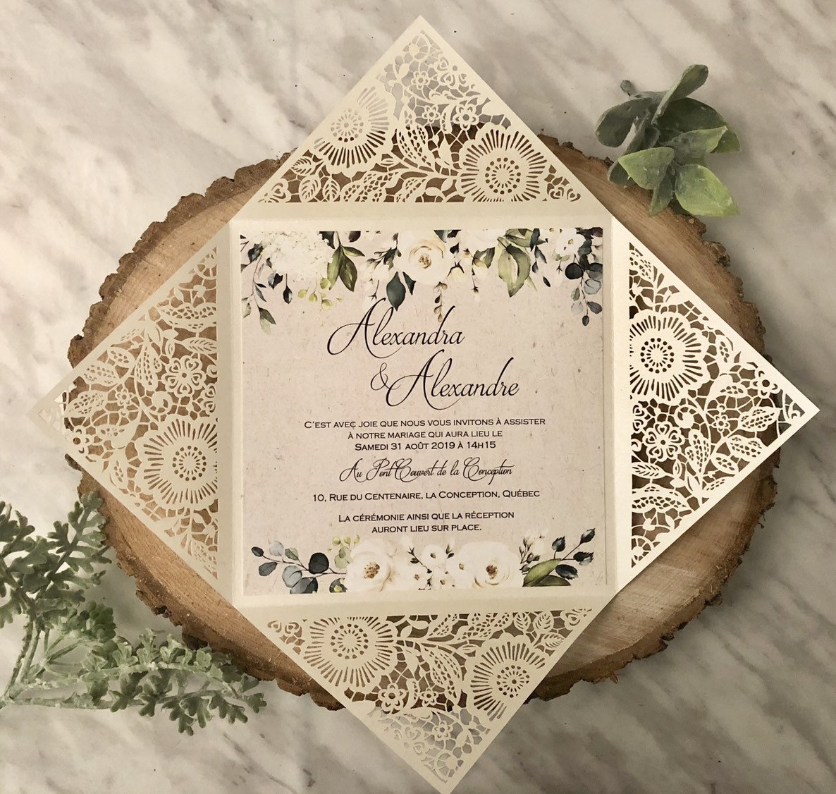 Rustic Wedding Invitation, Laser Cut Wedding Invitation, Ivory and ...