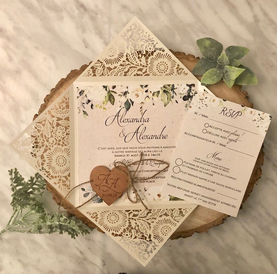 Rustic Wedding Invitation, Laser Cut Wedding Invitation, Ivory and ...