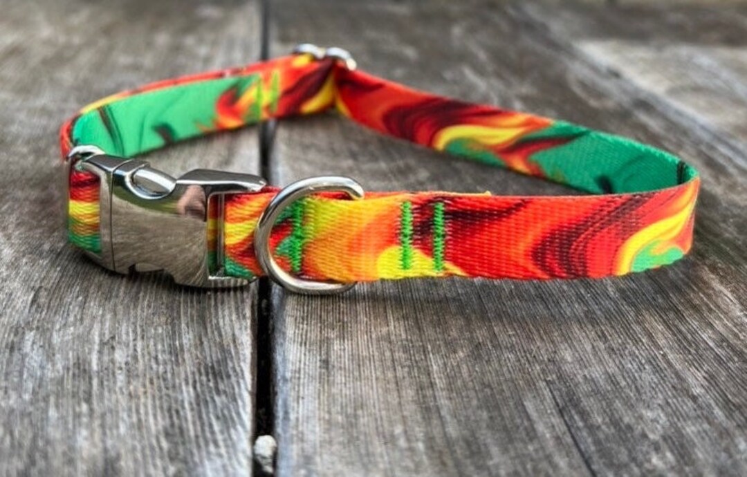 5/8 Inch Wide Slim Rasta Small Dog Collar, Green Red Gold, Metal Buckle ...