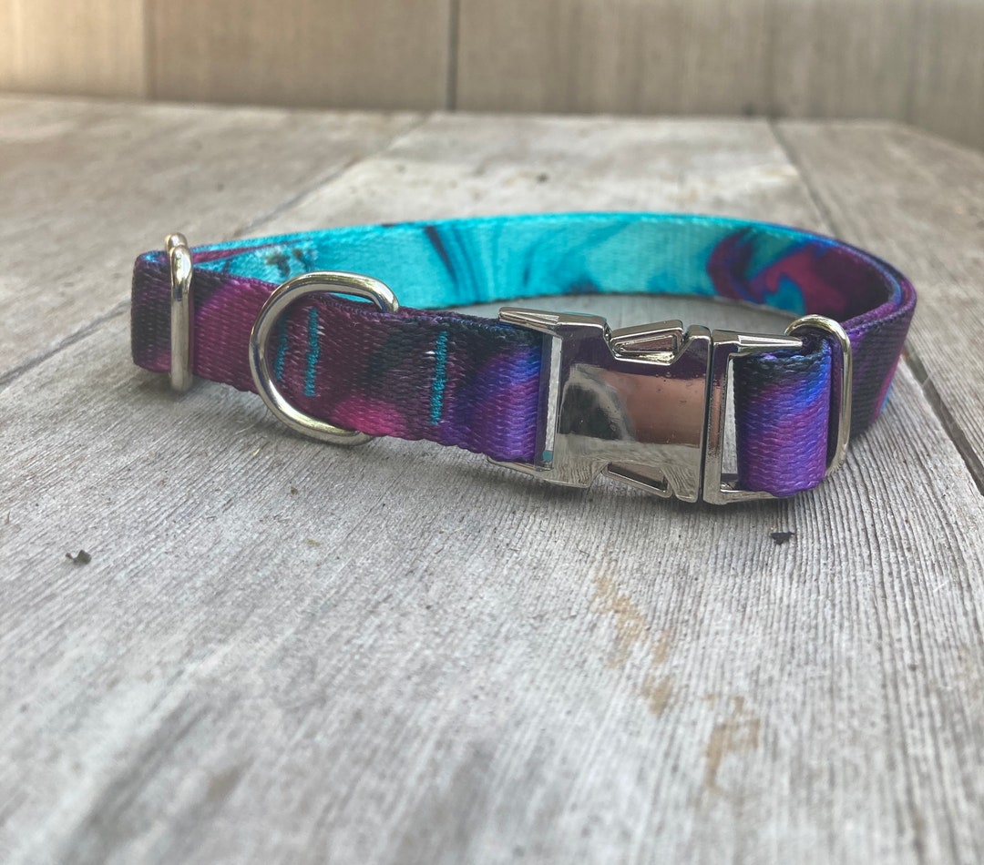 5/8” Slim Small Colorful Purple and Teal Dog Collar With Metal Quick ...