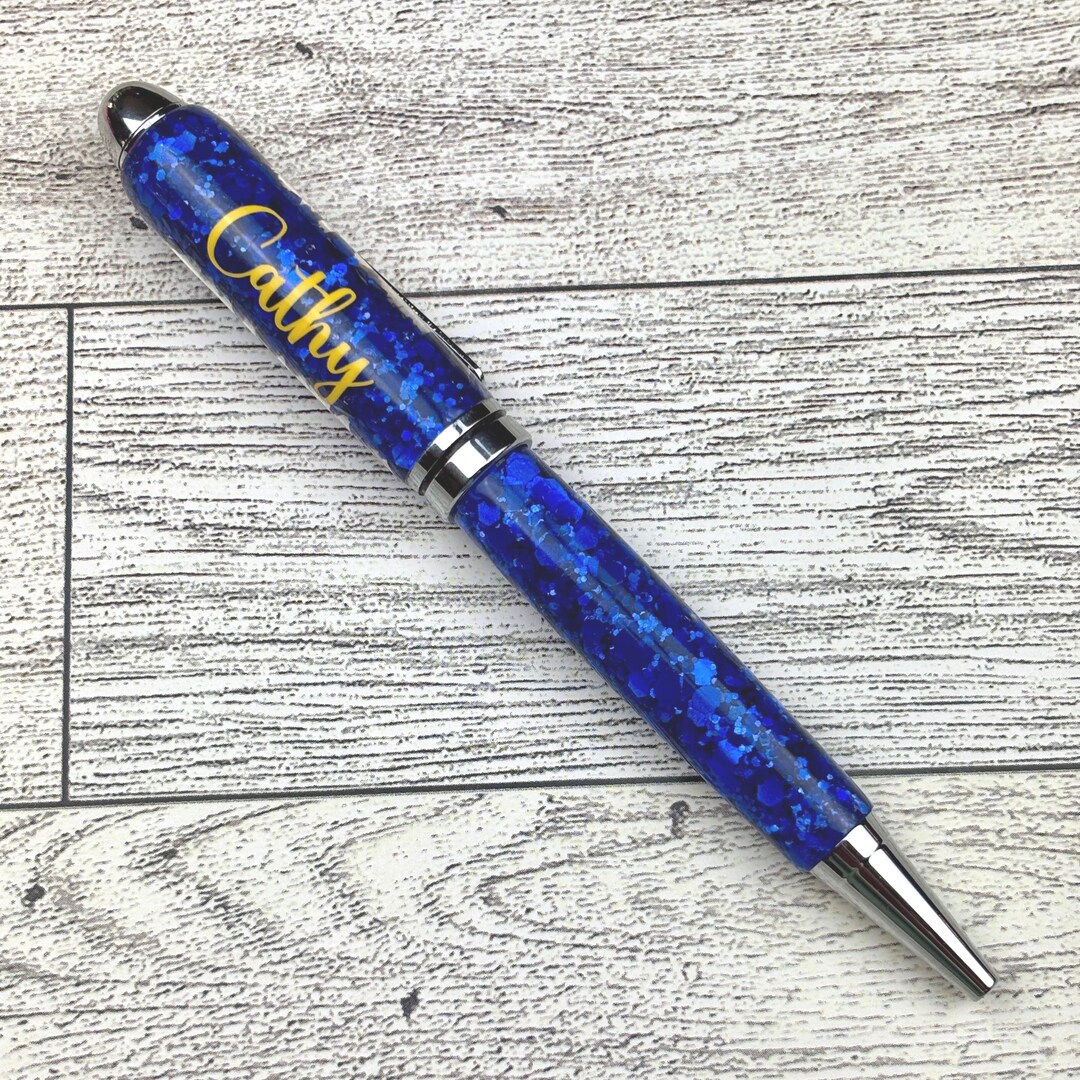 Personalized Blue Glitter Ballpoint Pen | Handmade Refillable Twist Pen ...
