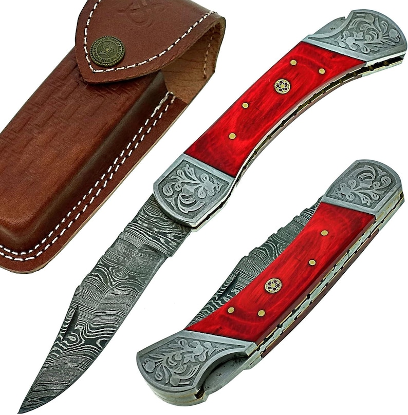 Smart & Sharp Custom Handmade Damascus Steel Pocket Knife AR-17429 (red ...