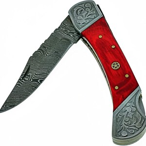 Smart & Sharp Custom Handmade Damascus Steel Pocket Knife AR-17429 (red ...