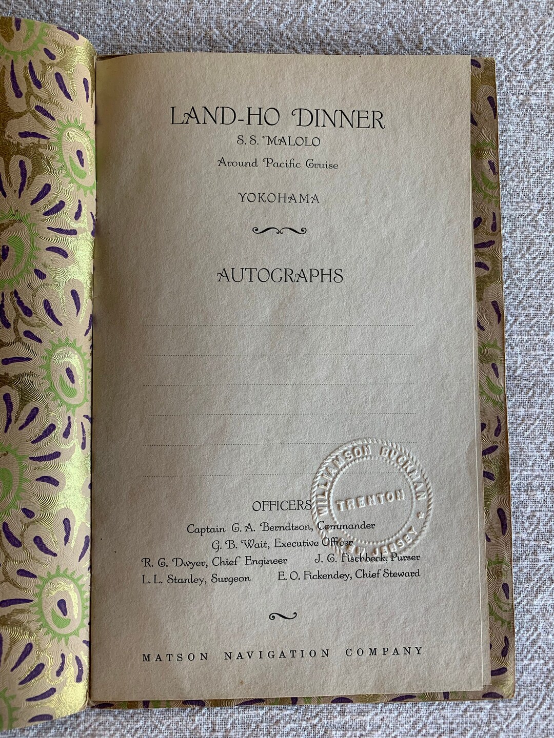 Ss Malolo Dinner Menu October 1st 1929 Gold Green Black Cover Single Dinner Menu