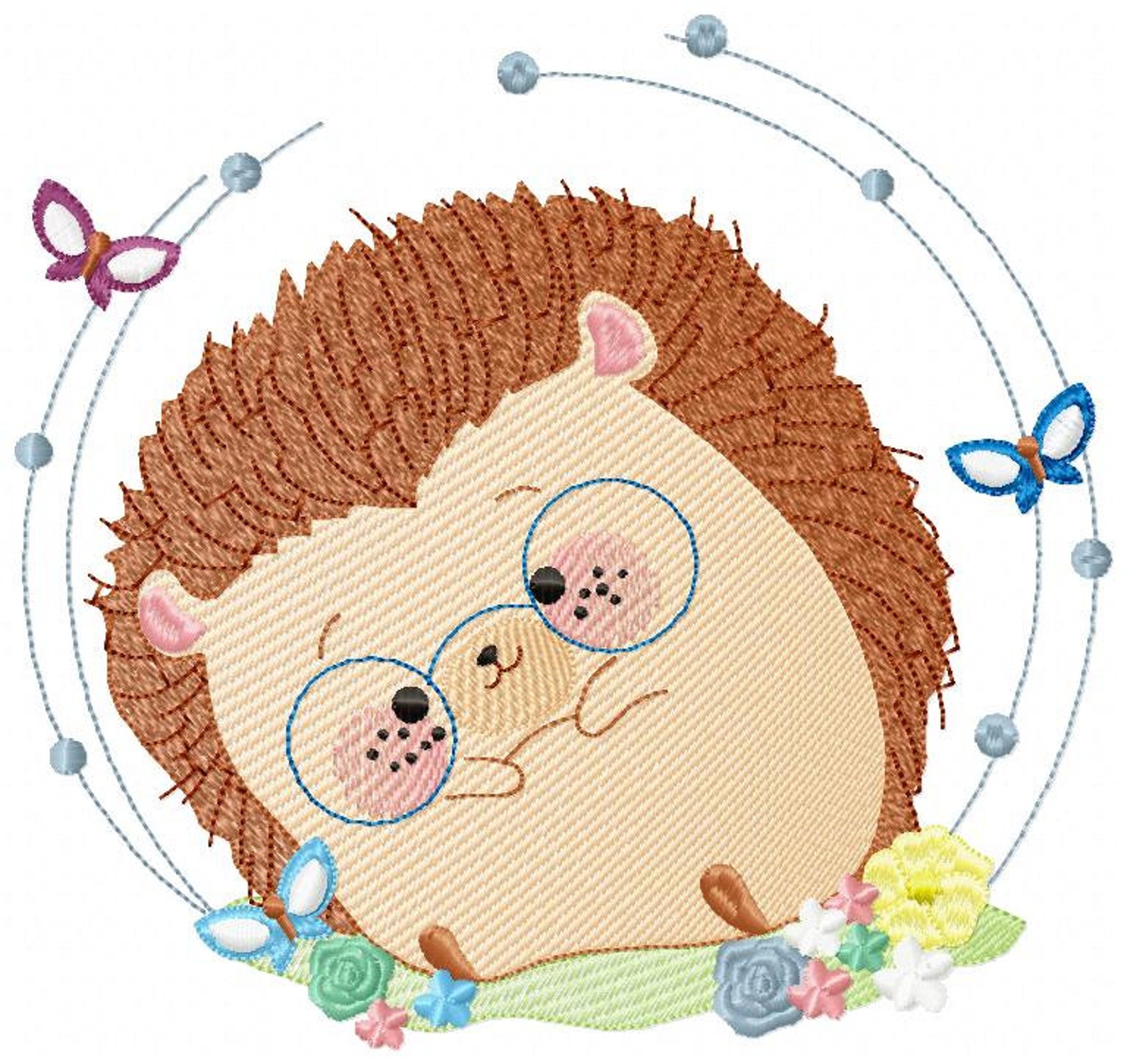 Hedgehog Embroidery Designs - Animal With Glasses and Butterflies ...