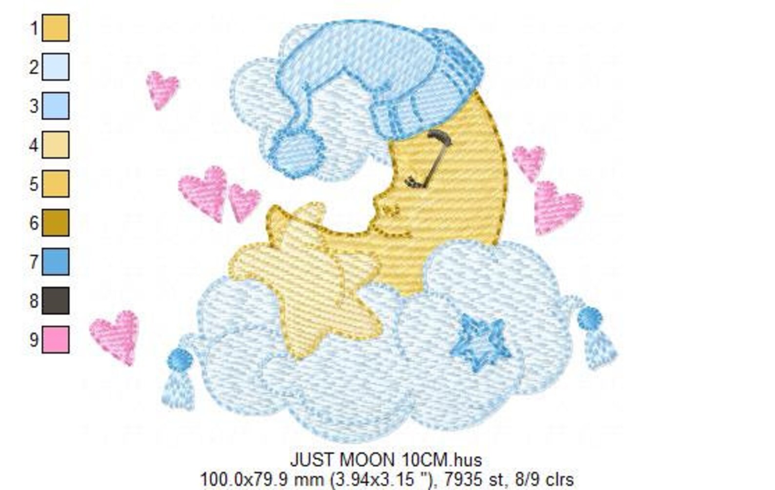 Sleeping Moon Embroidery Design - Half Moon With Cloud Stars and Hearts ...