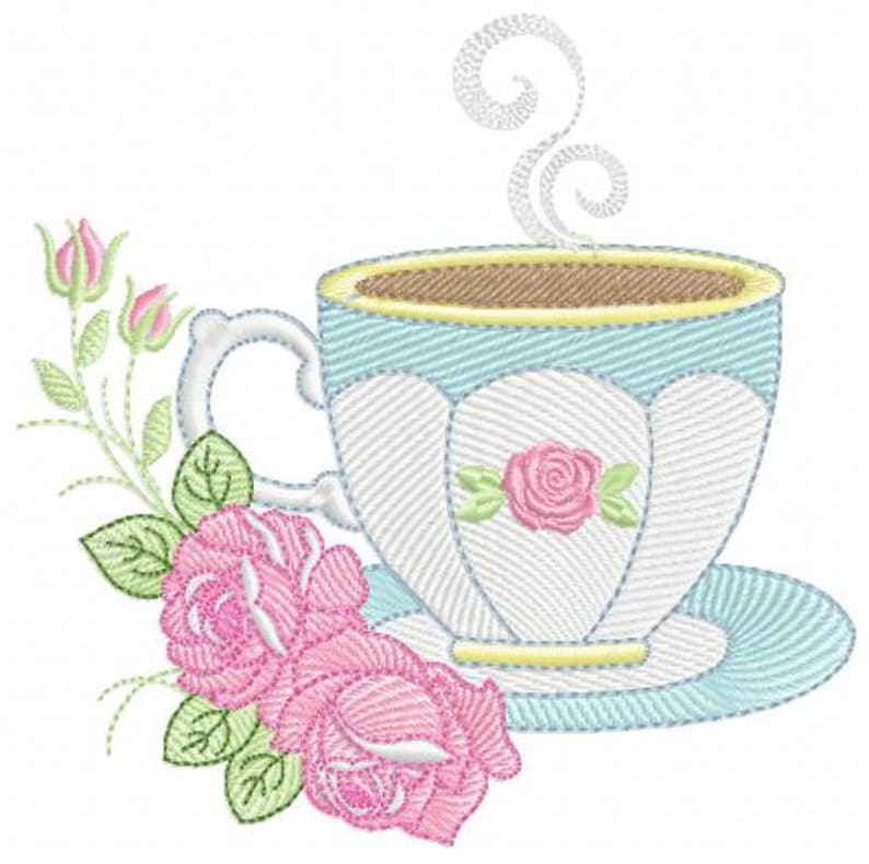 Coffee Cup Embroidery Design - Tea Mug With Roses Embroidery Designs ...
