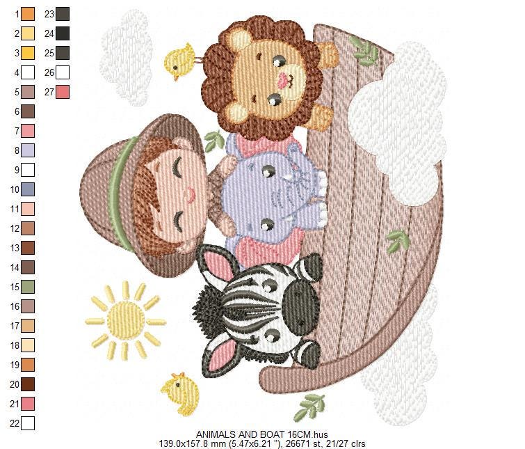 Safari Wild Animal Embroidery Designs - Elephant Zebra Lion in a Boat ...