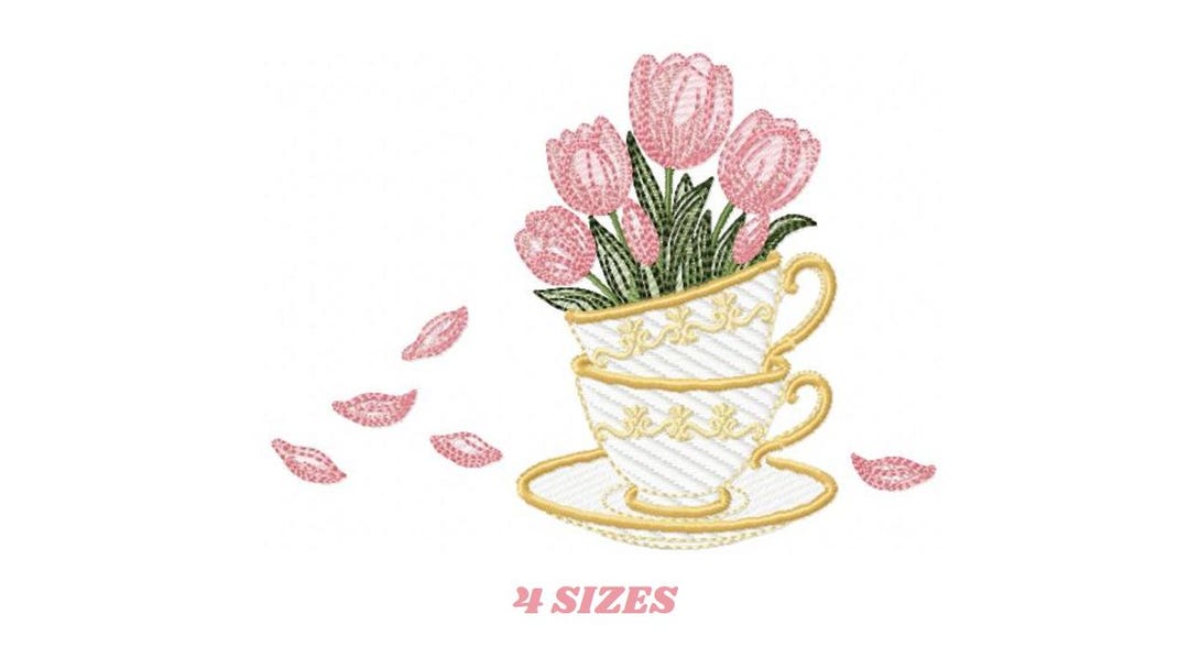 Coffee Cup With Flower Embroidery Designs - Floral Kitchen Towel Motiv ...