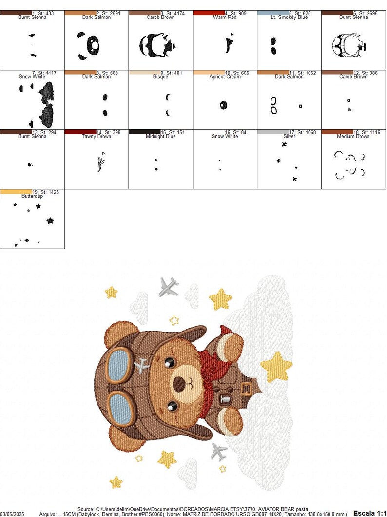 Pilot Bear Embroidery Designs - Plane With Clouds and Stars Machine ...