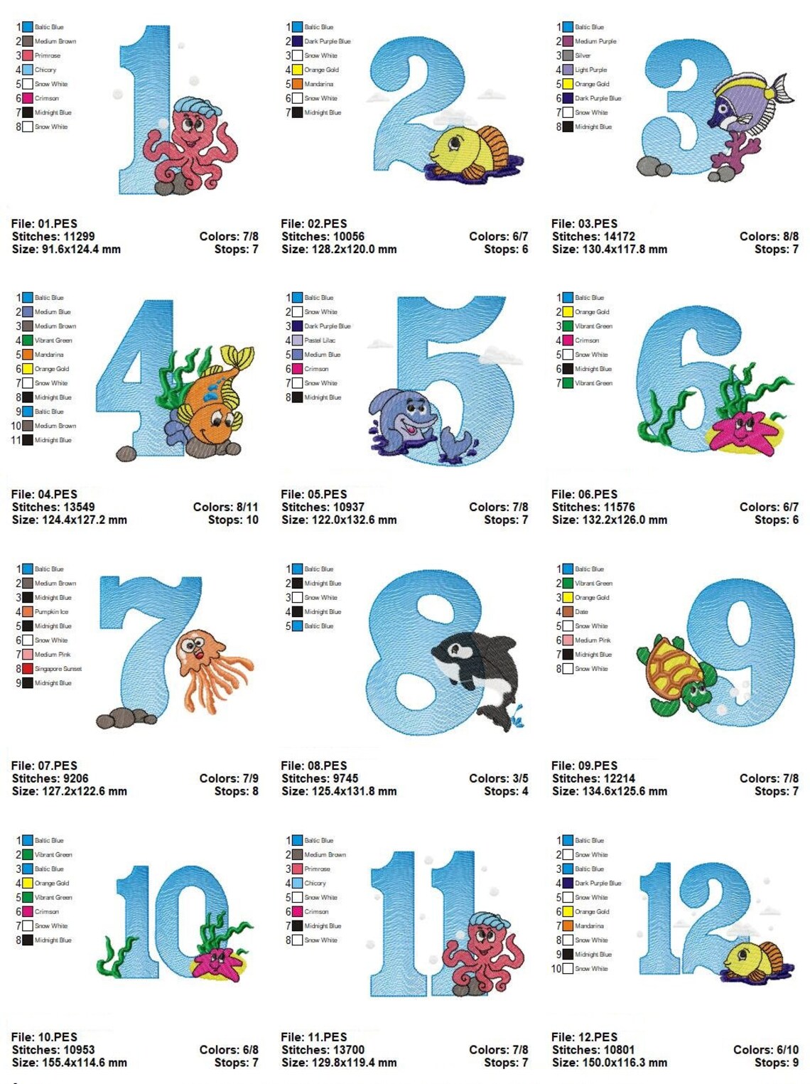Birthday Numbers Embroidery Designs Set - Numbers With Sea Animals ...