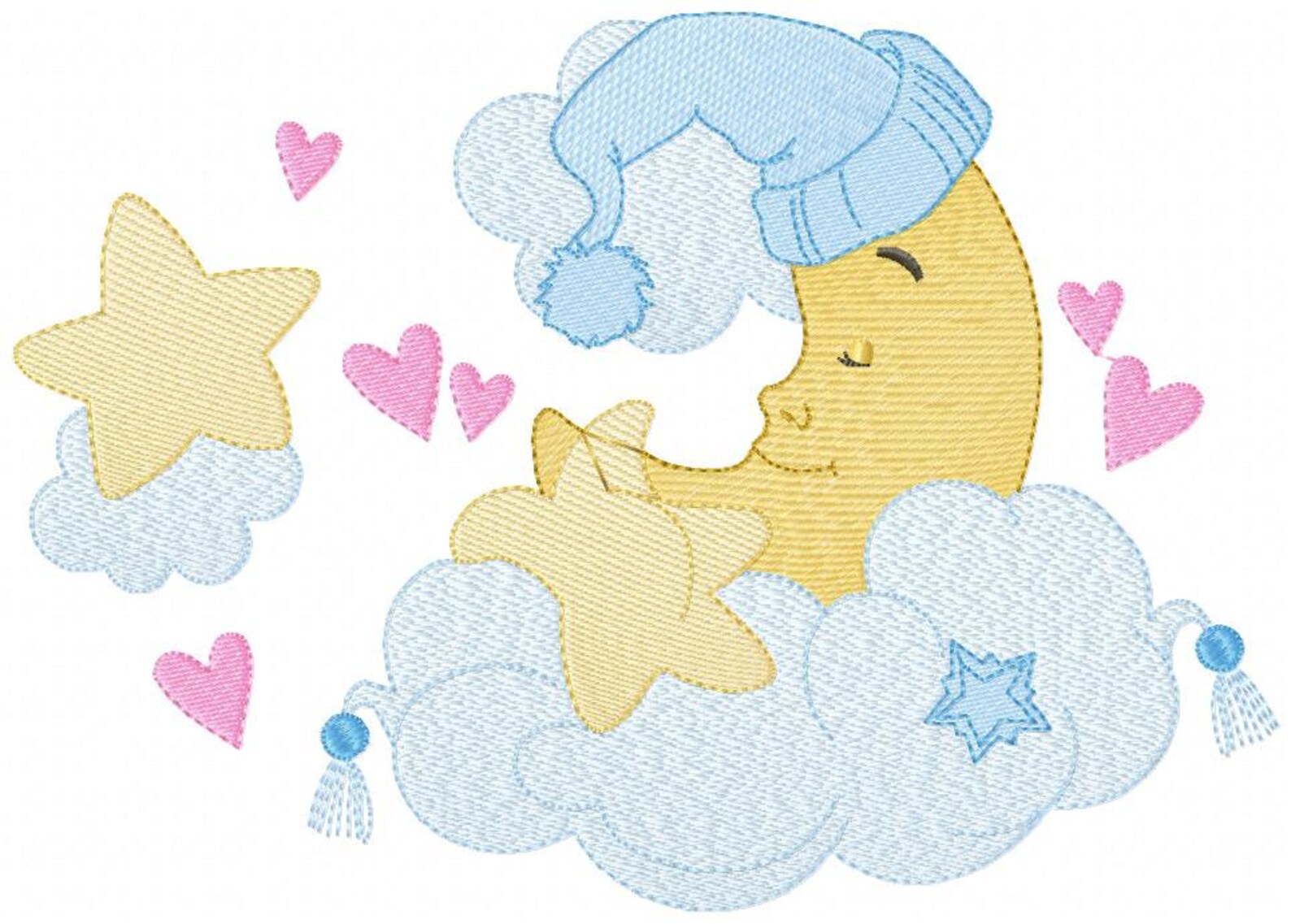 Sleeping Moon Embroidery Design - Half Moon With Cloud Stars and Hearts ...
