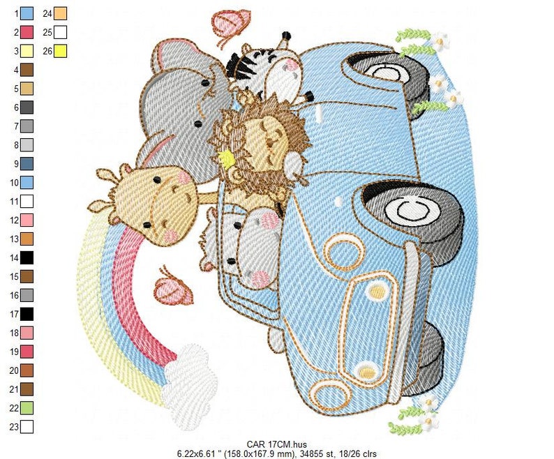 Safari Animals in a Car Embroidery Designs - Giraffe Zebra Lion Hippo ...