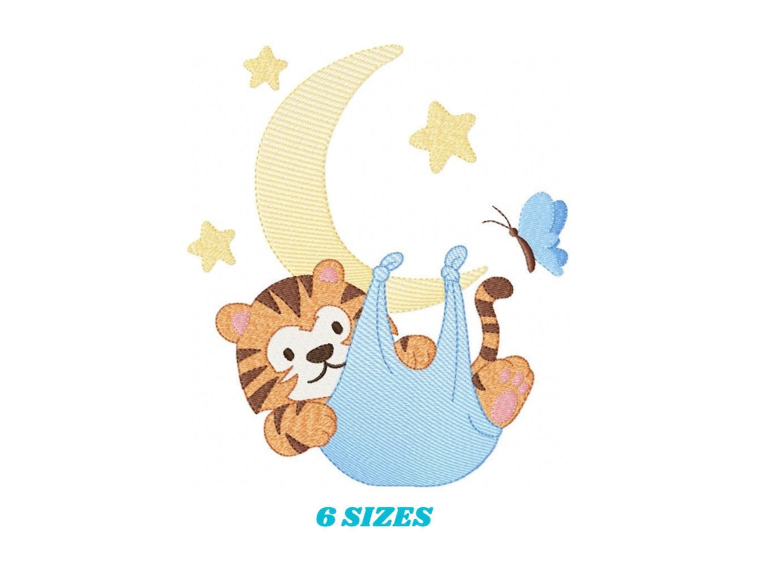 Tiger Night Sky Embroidery Design - Tiger in Moon With Stars Machine ...