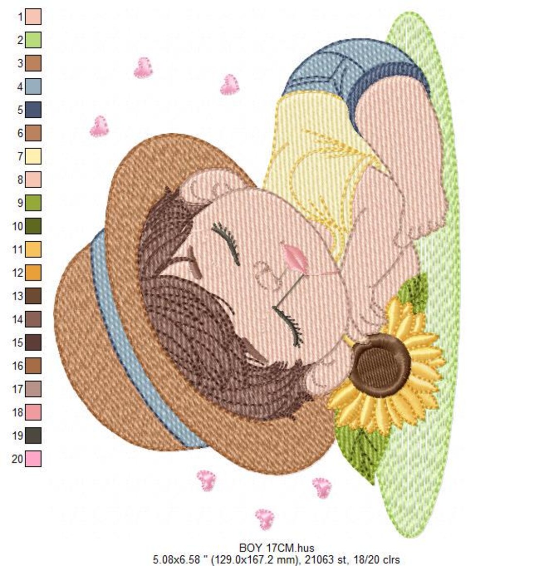 Baby Boy Embroidery Design - Sleeping Boy With Straw Hat and Sunflower ...
