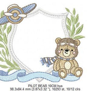 Pilot Bear Frame Embroidery Designs - Aviator Teddy Bear With Goggles ...