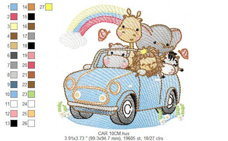 Safari Animals in a Car Embroidery Designs - Giraffe Zebra Lion Hippo ...