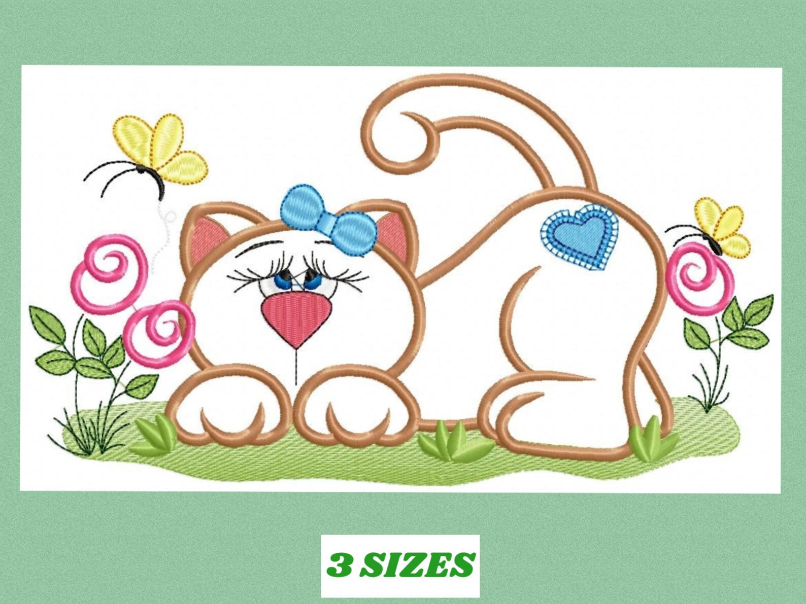 Cat Embroidery Design - Animal Kitty With Flowers Applique Machine ...
