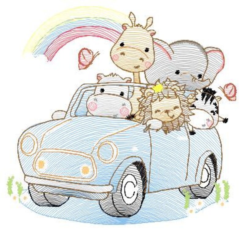 Safari Animals in a Car Embroidery Designs - Giraffe Zebra Lion Hippo ...