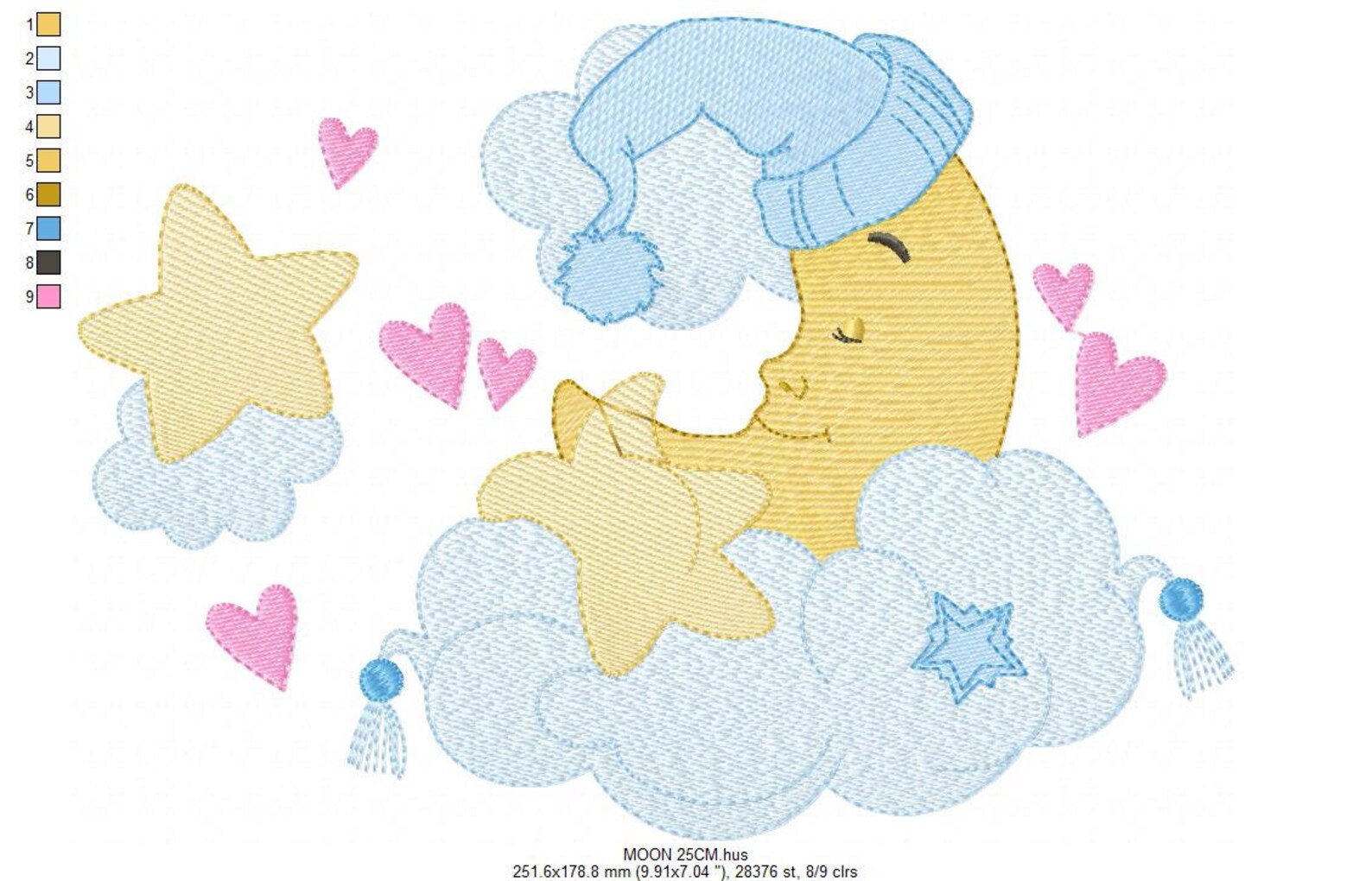 Sleeping Moon Embroidery Design - Half Moon With Cloud Stars and Hearts ...